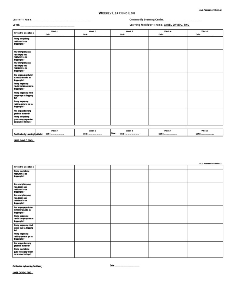ALS Assessment Form2 - Weekly Learning Log 2013 | PDF
