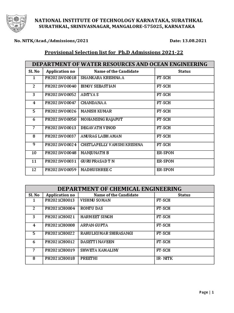 Provisional Selection List For PHD Admission 2021-22 | PDF