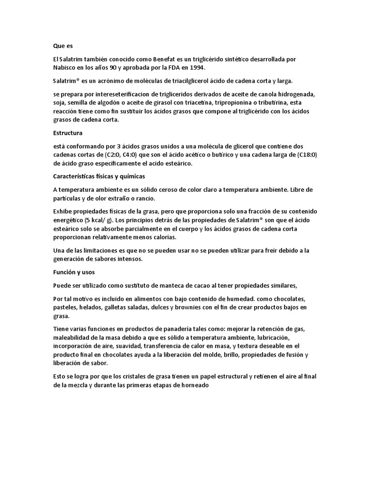 Salatrim: Benefat y sus Usos en Alimentos | PDF