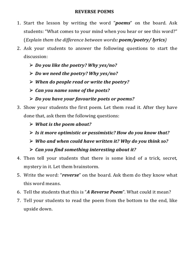 Reverse Poems Lesson | PDF | Poetry | Feeling