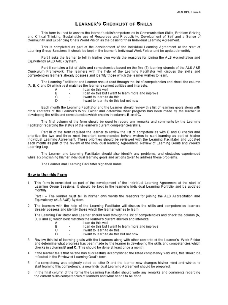 ALS RPL Form 4 Skills Checklist | PDF | Learning | Percentage