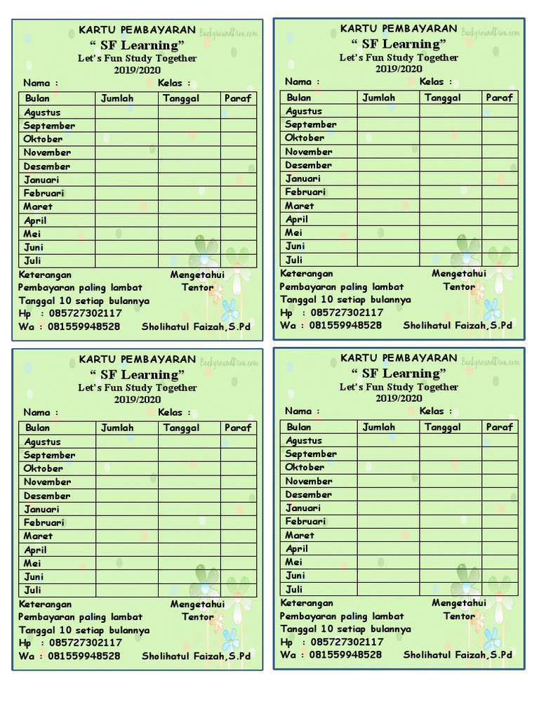 Kartu Pembayaran Les Privat SF Learning | PDF