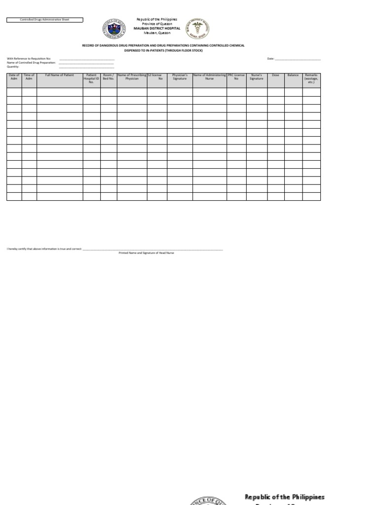 Controlled Drugs Administration Sheet Sample | PDF