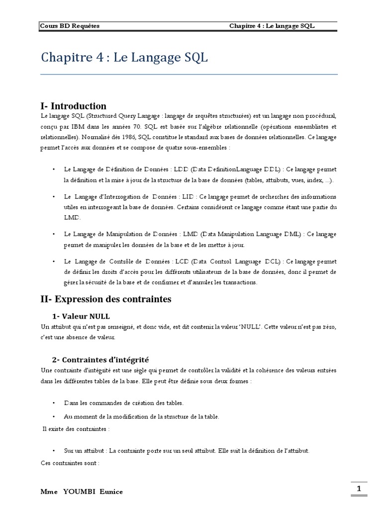 Chapitre 4 Le Langage SQL | PDF | SQL | Design de logiciel