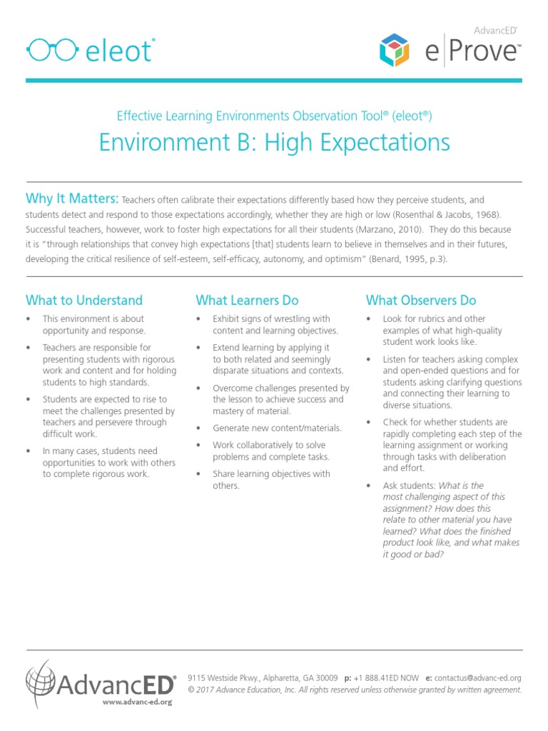 Environment B: High Expectations: Effective Learning Environments ...