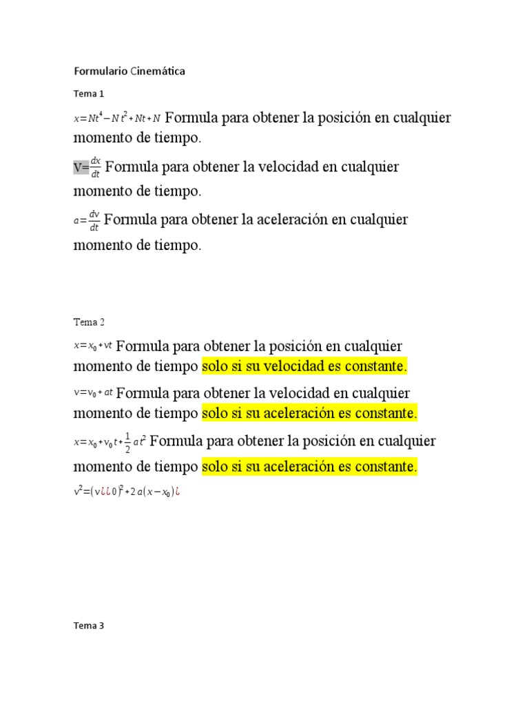 Formulario Cinemática | PDF