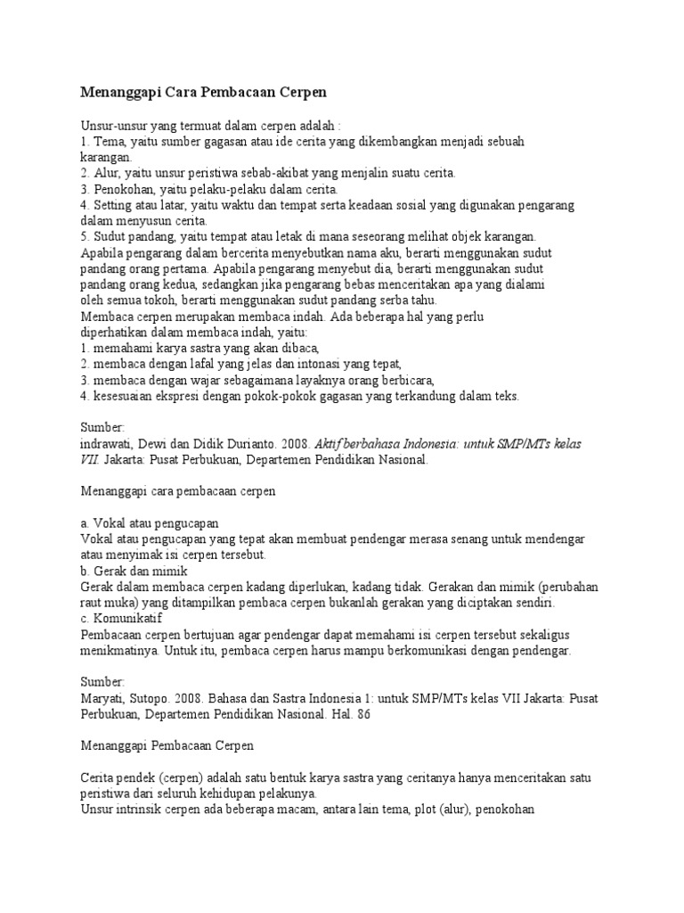 Pembelajaran Bahasa Indonesia Menanggapi Cara Pembacaan Cerpen Kls 7. 5 | PDF | Seni & Disiplin ...