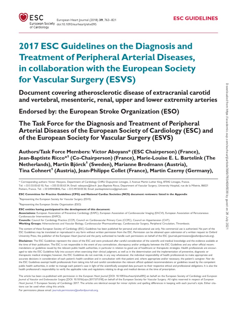2017 ESC Guidelines On The Diagnosis and Treatment of Peripherals ...
