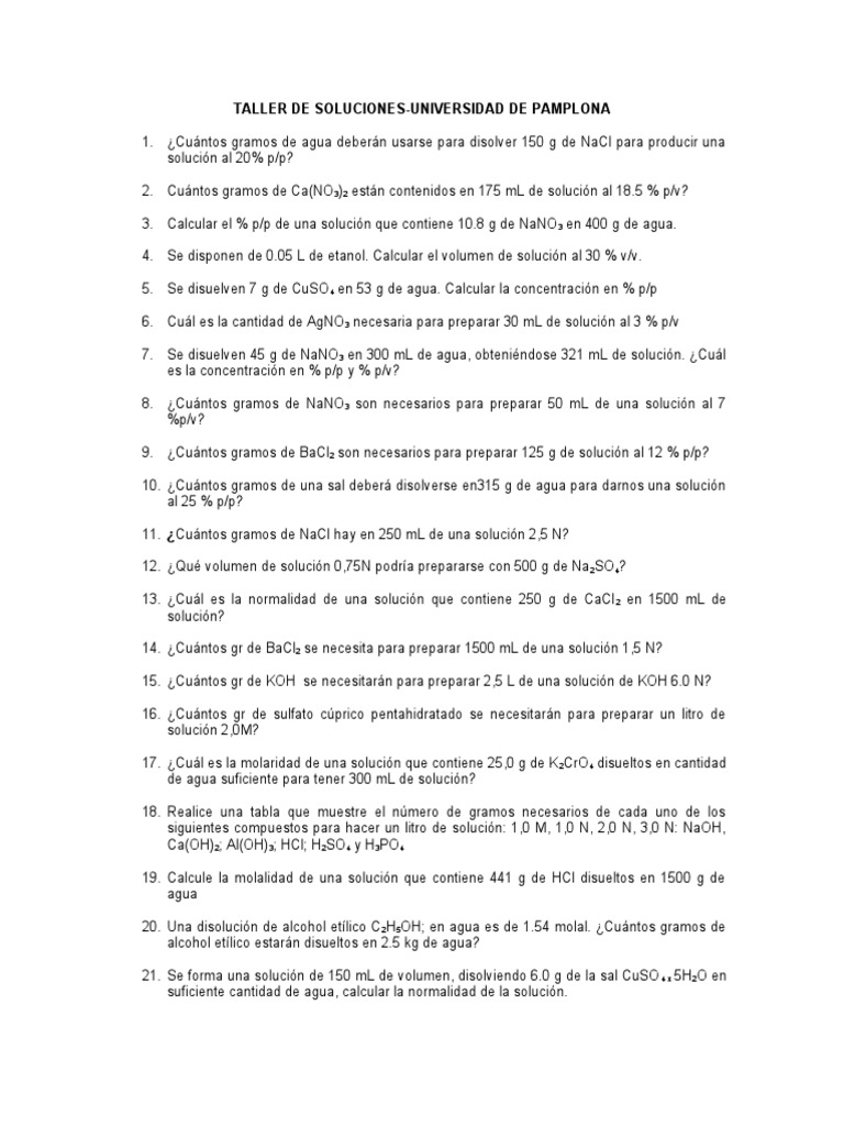 Taller de Soluciones | Descargar gratis PDF | Concentración | Ácido clorhídrico