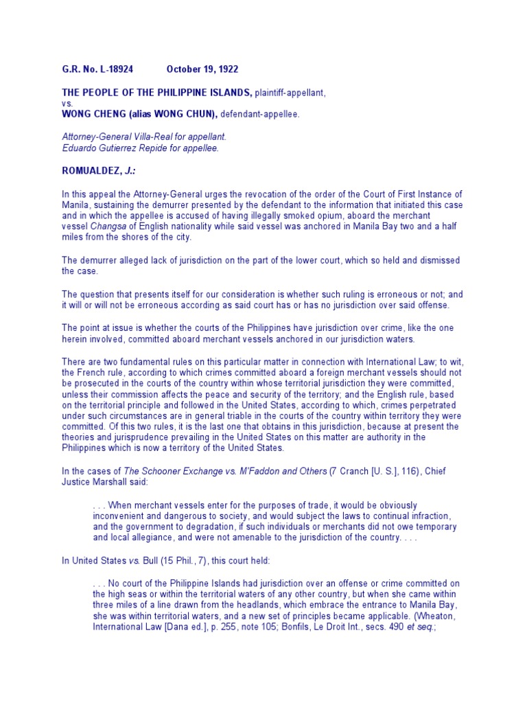 People v. Wong Cheng, 46 Phil. 729 (1922) | PDF | Jurisdiction | Crime ...