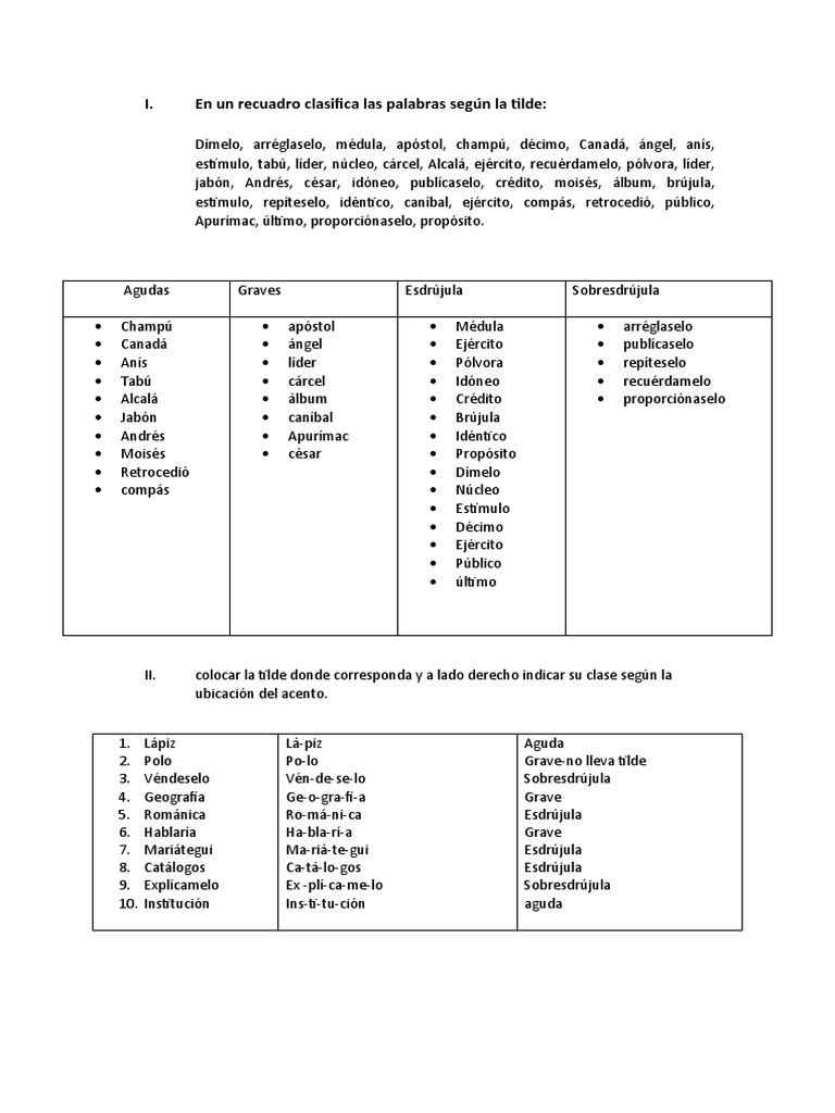 Clasifica Las Palabras Según La Tilde | PDF | Idiomas | Estudios de ...