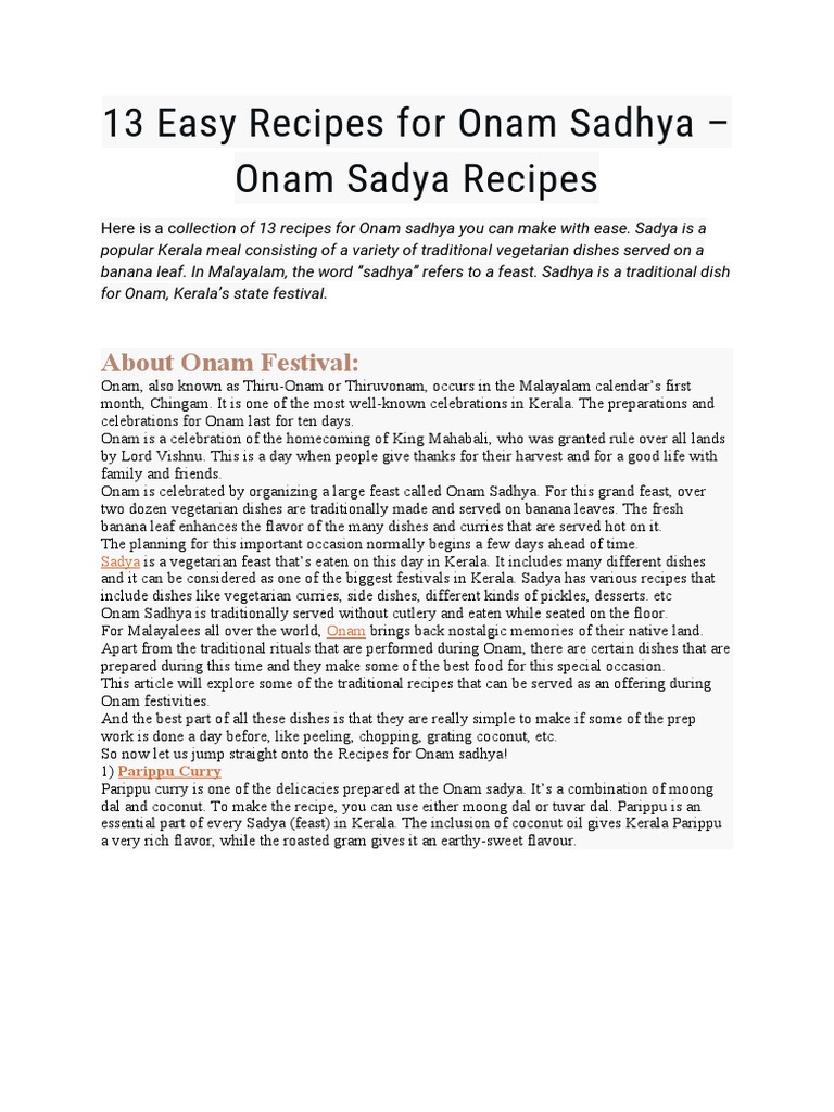 Recipes For Onam Sadhya | PDF | Food Ingredients | Foods