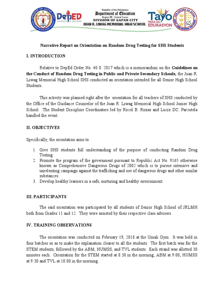Narrative-Report Random Drug Test Students | PDF | Self-Improvement ...