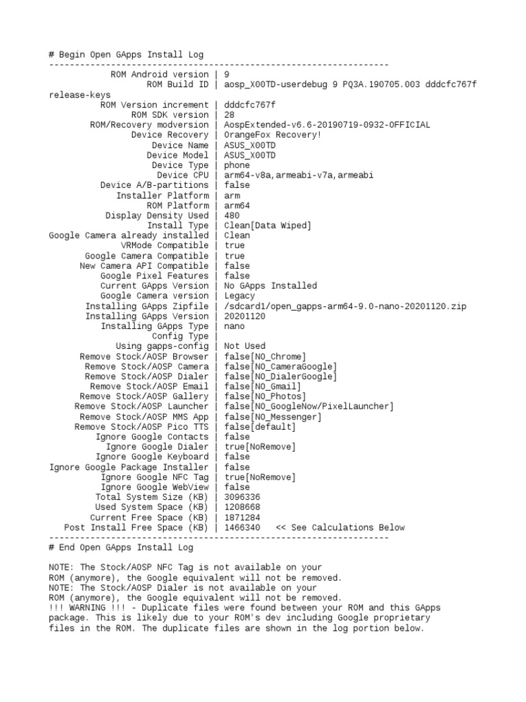 Open GApps Install Log Documenting the Clean Install of Nano GApps on an ASUS_X00TD Device ...