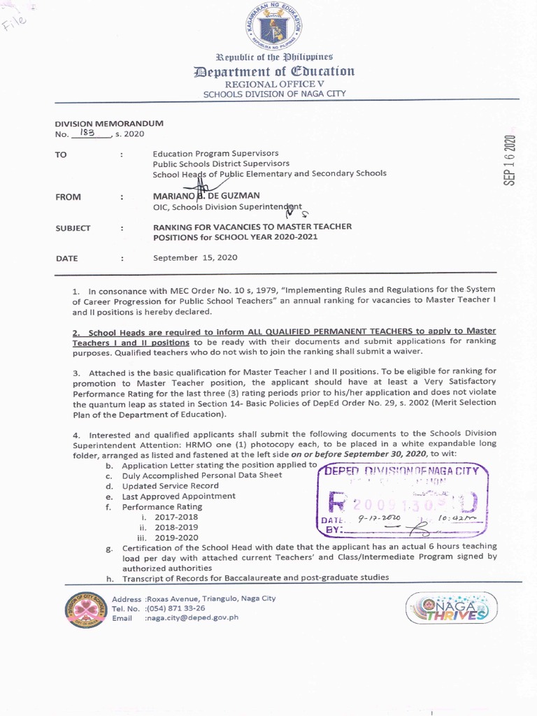 DM No. 183, S. 2020 Ranking For Vacancies To Master Teacher Positions ...