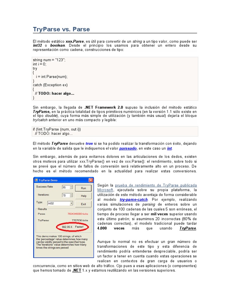 TryParse vs. Parse | Descargar gratis PDF | .NET Framework | Gestión de tecnología de la información
