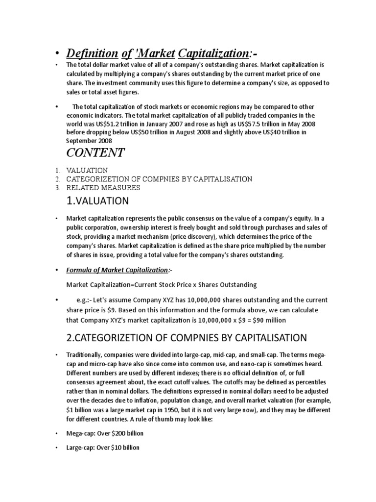 Definition of Market Capitalisation | PDF | Market Capitalization ...