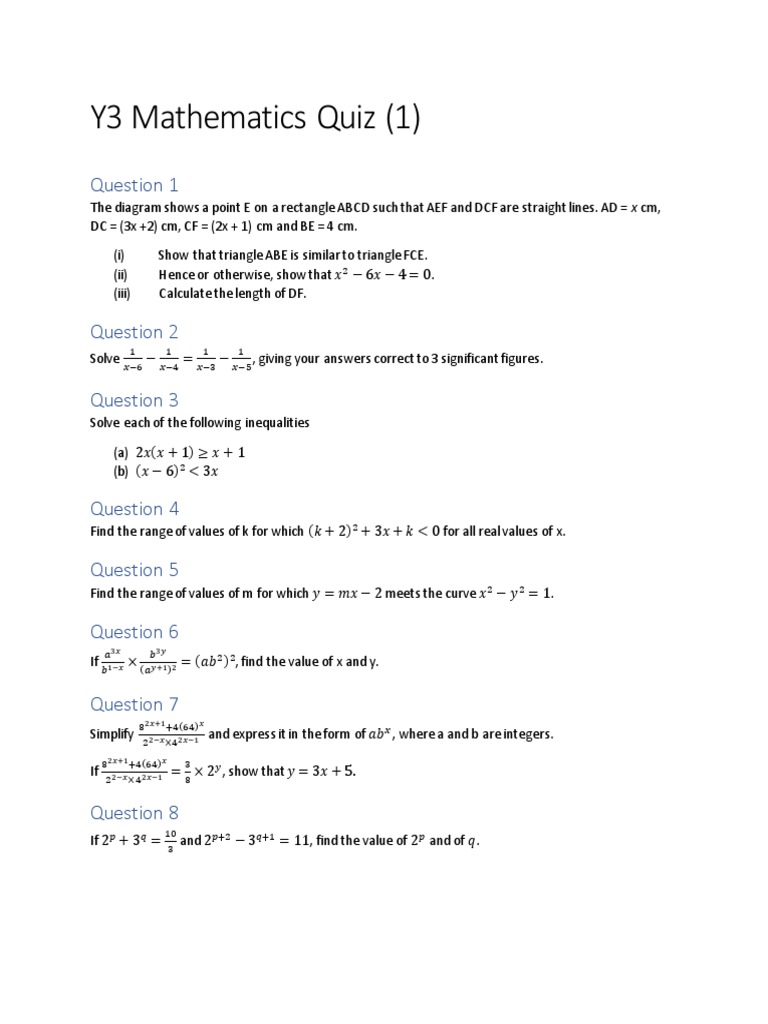 IP Y3 - Mathematics Quiz 1 | PDF