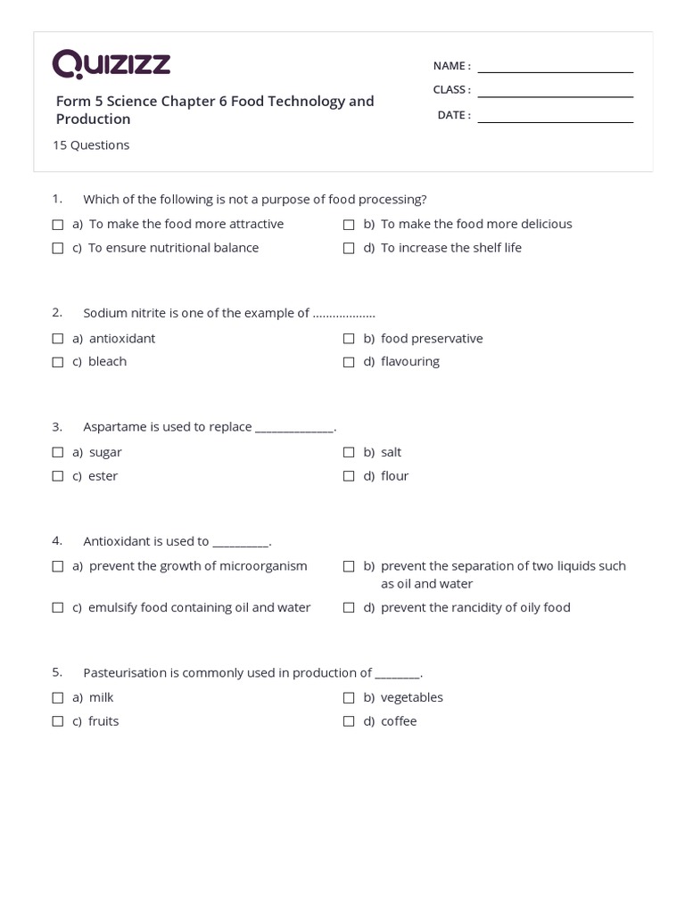 Food Technology and Production Chapter: Multiple Choice Questions on ...