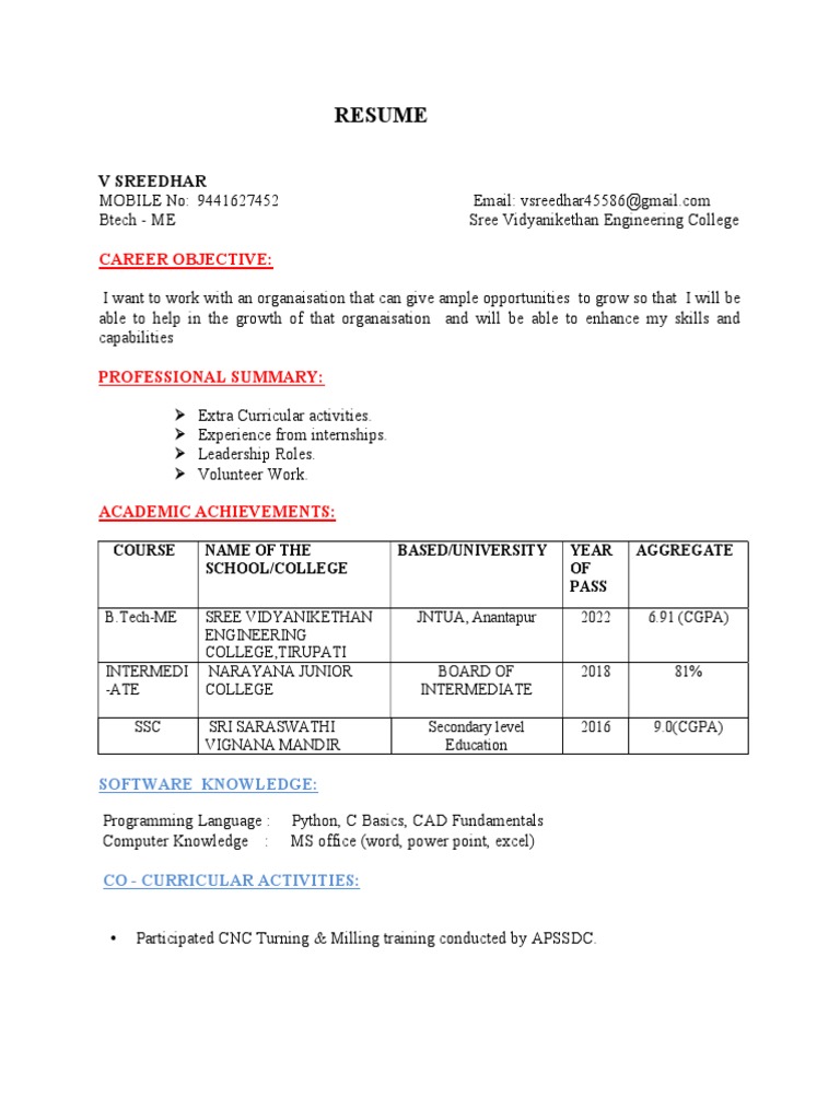 Sridhar Resume | PDF | Communication | Cognition