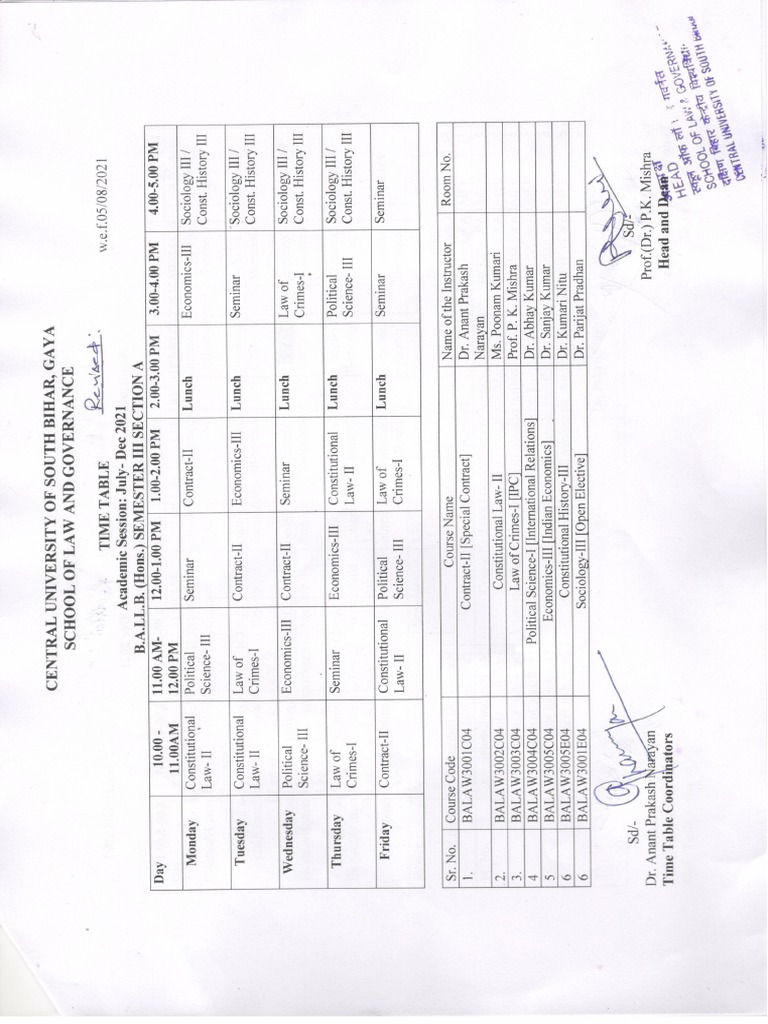 Revised Time Table BA LLB 3rd 5th 7th 9thJulyDec21 | PDF