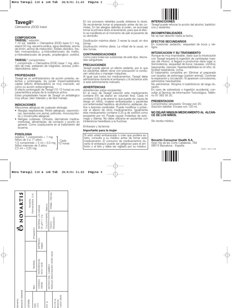 Tavegil: Clemastina (DOE) Base | PDF | Alergia | Medicamentos con receta