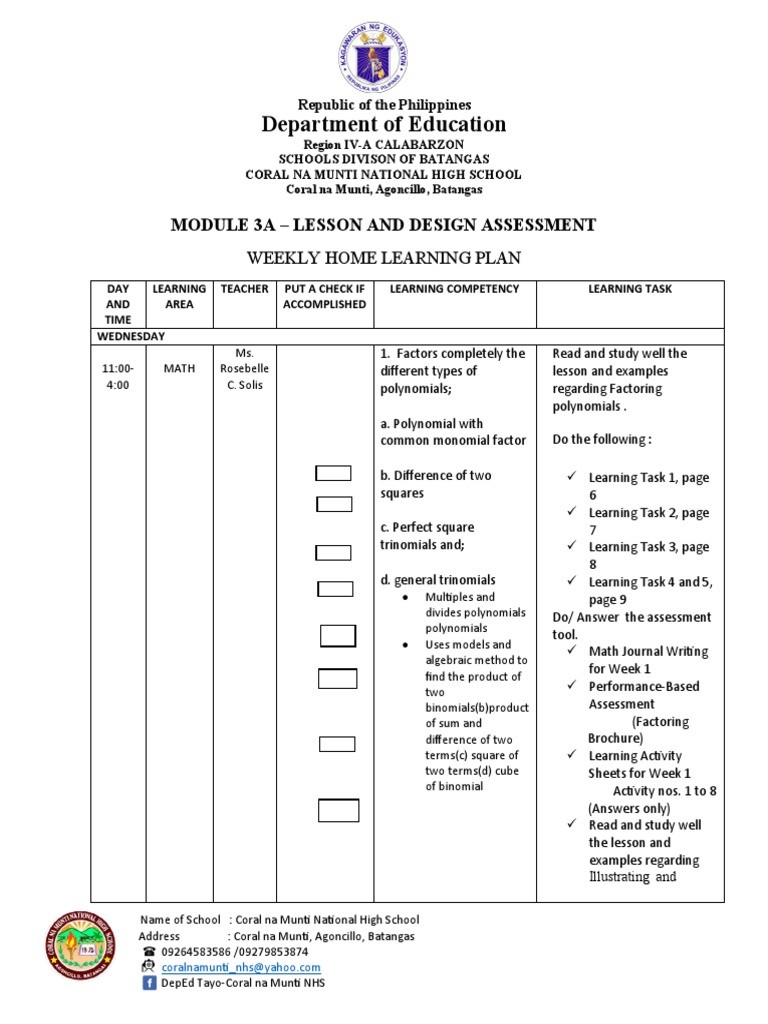 RCS MODULE 3A MATH Weekly Home Learning Plan | PDF | Factorization ...