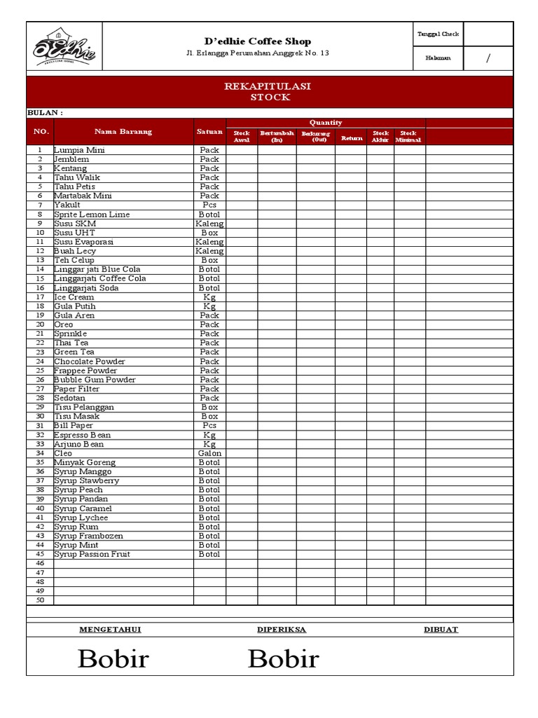 Rekap Stock Opname D'edhie Coffee Shop | PDF