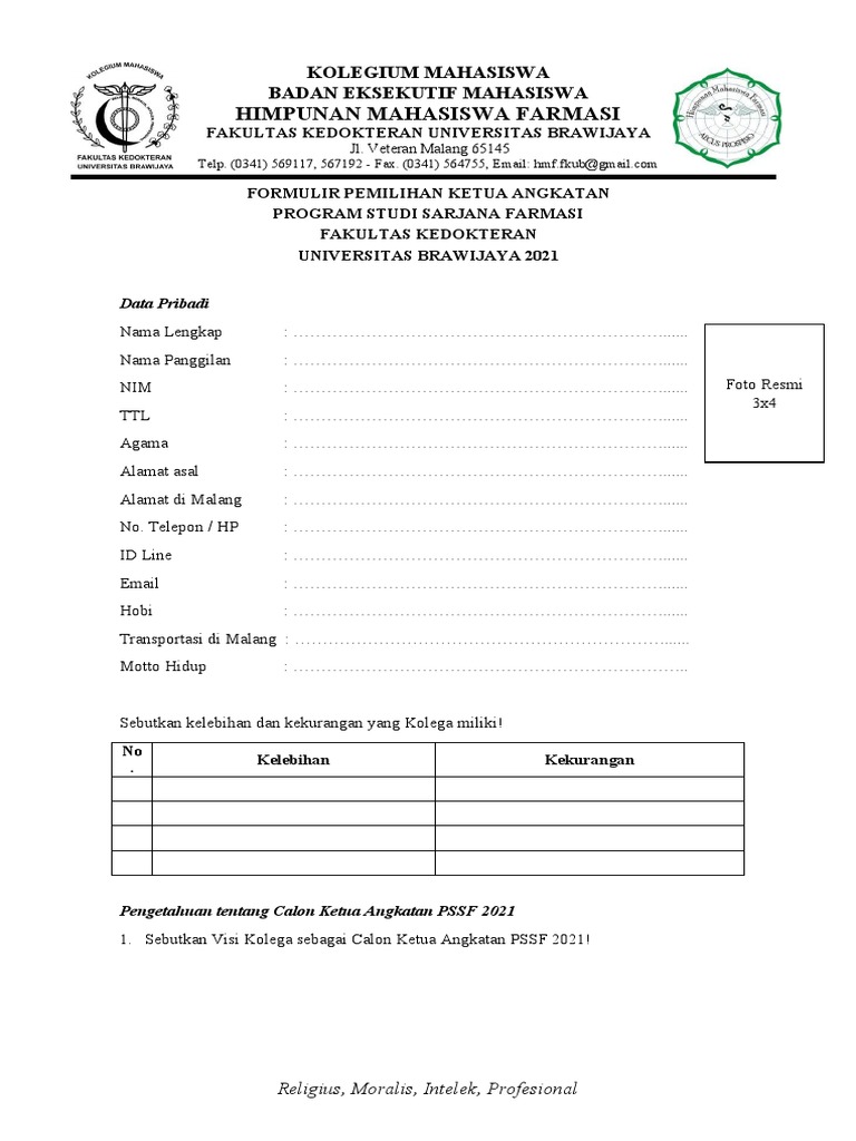 Formulir Pemilihan Ketua Angkatan PSSF UB 2021 | PDF | Karier & Perkembangan | Olahraga & Rekreasi