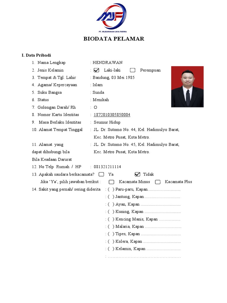 Biodata Pelamar: I. Data Pribadi | PDF