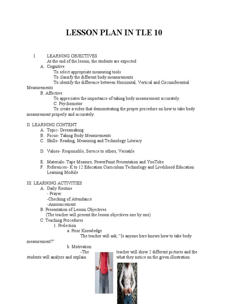 Body Measurement Techniques in TLE 10 | PDF | Teachers | Lesson Plan