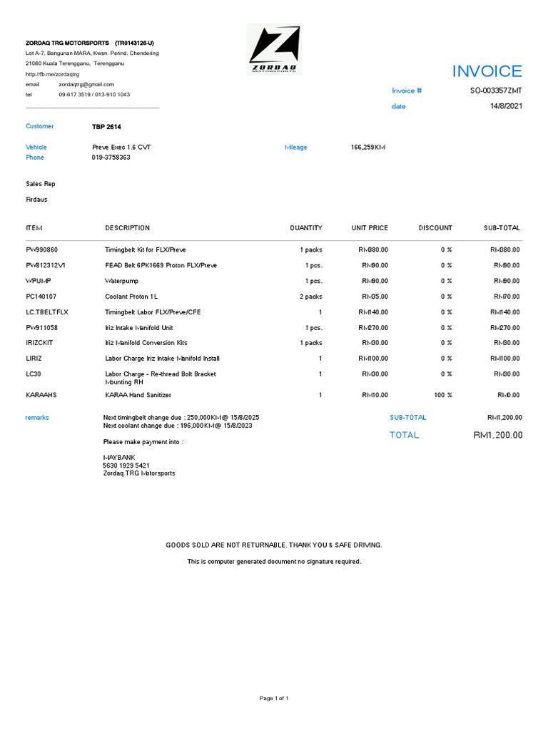Zordaq TRG Motorsports invoice for timing belt replacement | PDF ...