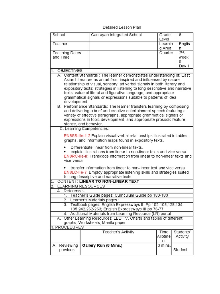 Linear vs Non-Linear Texts Lesson Plan | PDF | Word | Nonlinear System