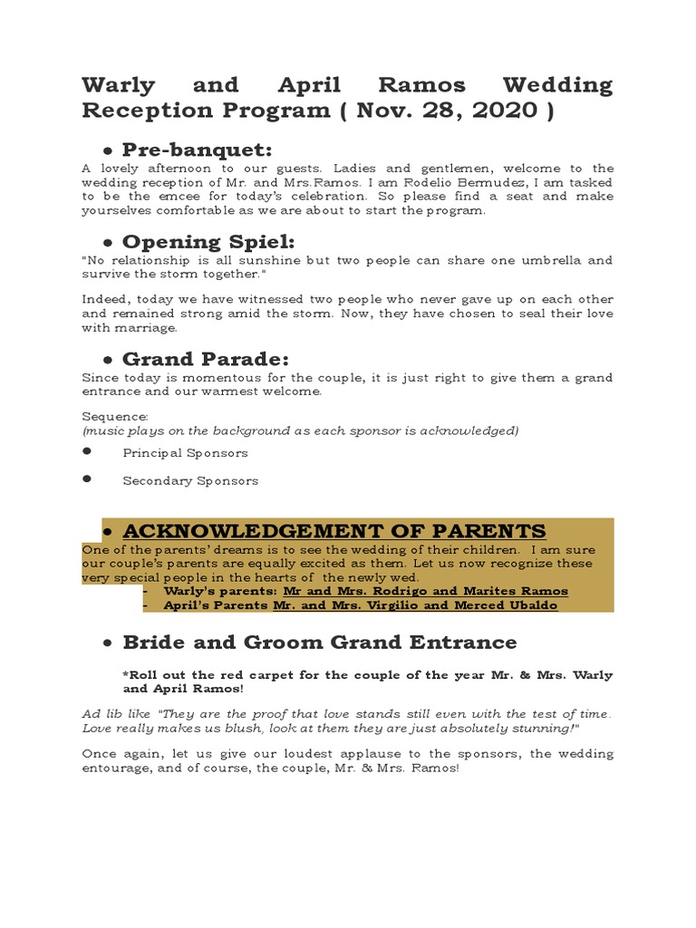 Warly and April Ramos Wedding Reception Program | PDF | Wedding ...
