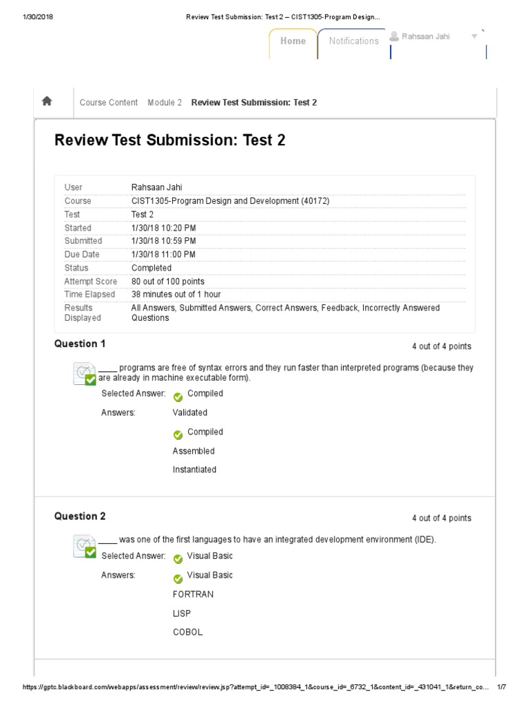 Review Test Submission: Test 2 - CIST1305-Program Design... | PDF ...