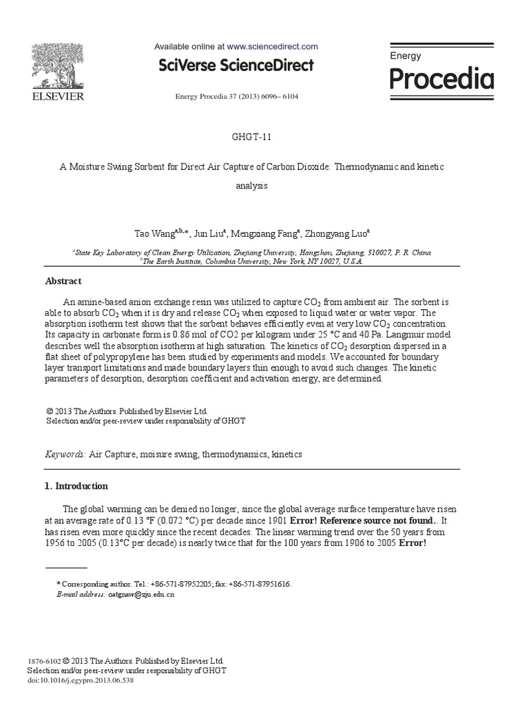 A Moisture Swing Sorbent For Direct Air Capture of Carbon Dioxide Thermodynamic and Kinetic ...