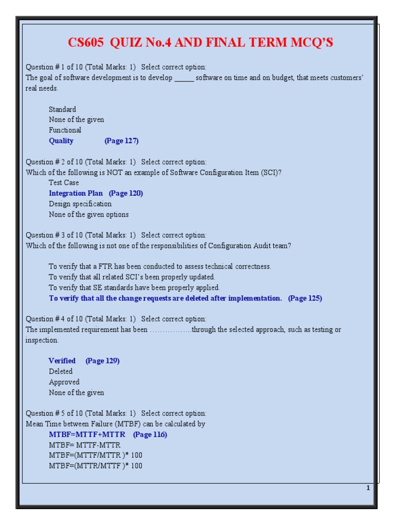 Cs605 Quiz No.4 and Final Term MCQ'S: Quality (Page 127) | PDF | Information Technology ...