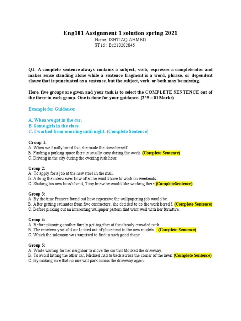 Eng101 Assignment 1 Solution Spring 2021: Name: Ishtiaq Ahmed ST Id: Bc210202045 | PDF ...