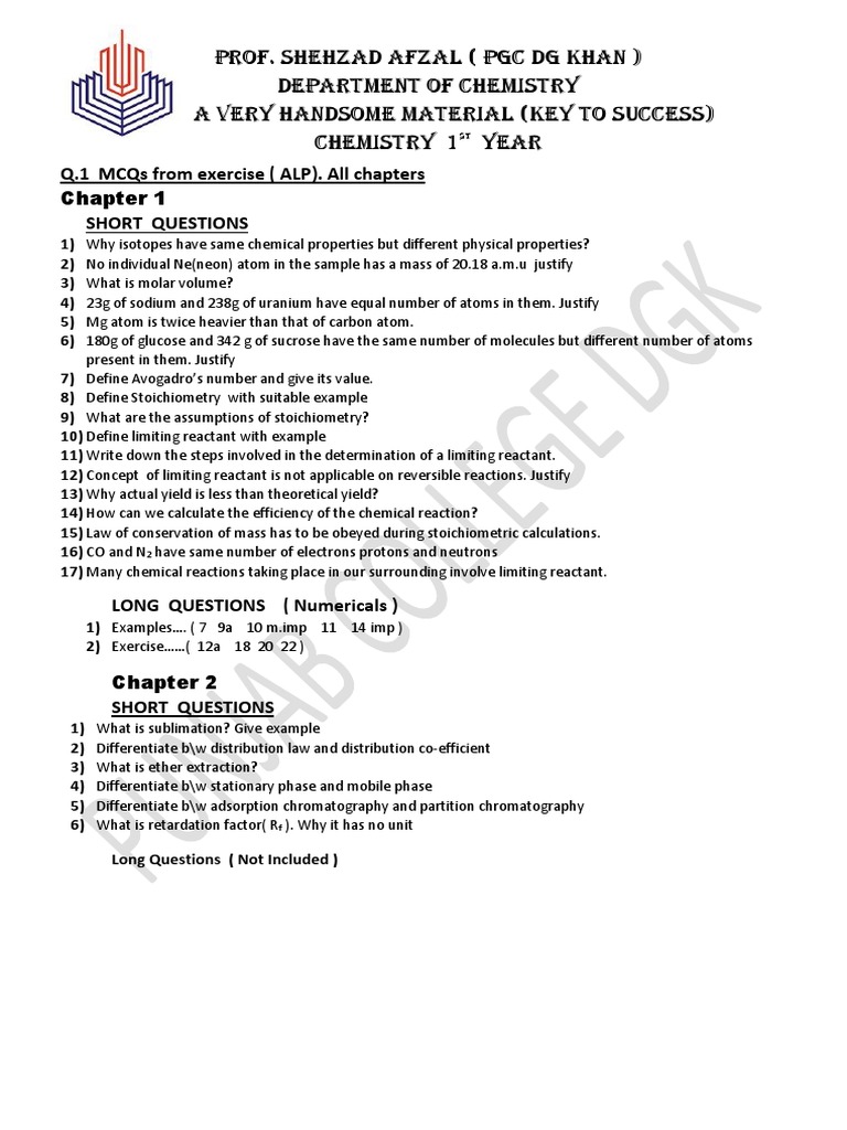Chemistry 1st Year: An Extensive Collection of Short and Long Questions Covering Key Concepts ...