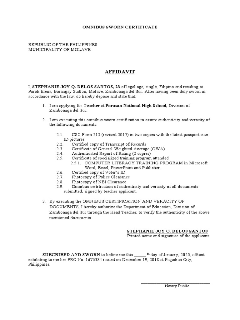 Affidavit: Omnibus Sworn Certificate | PDF