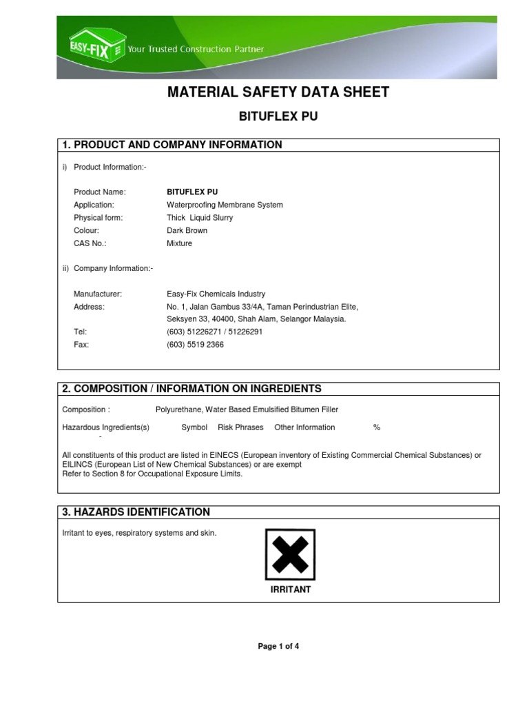 Bituflex PU (MSDS) | PDF | Water | Personal Protective Equipment