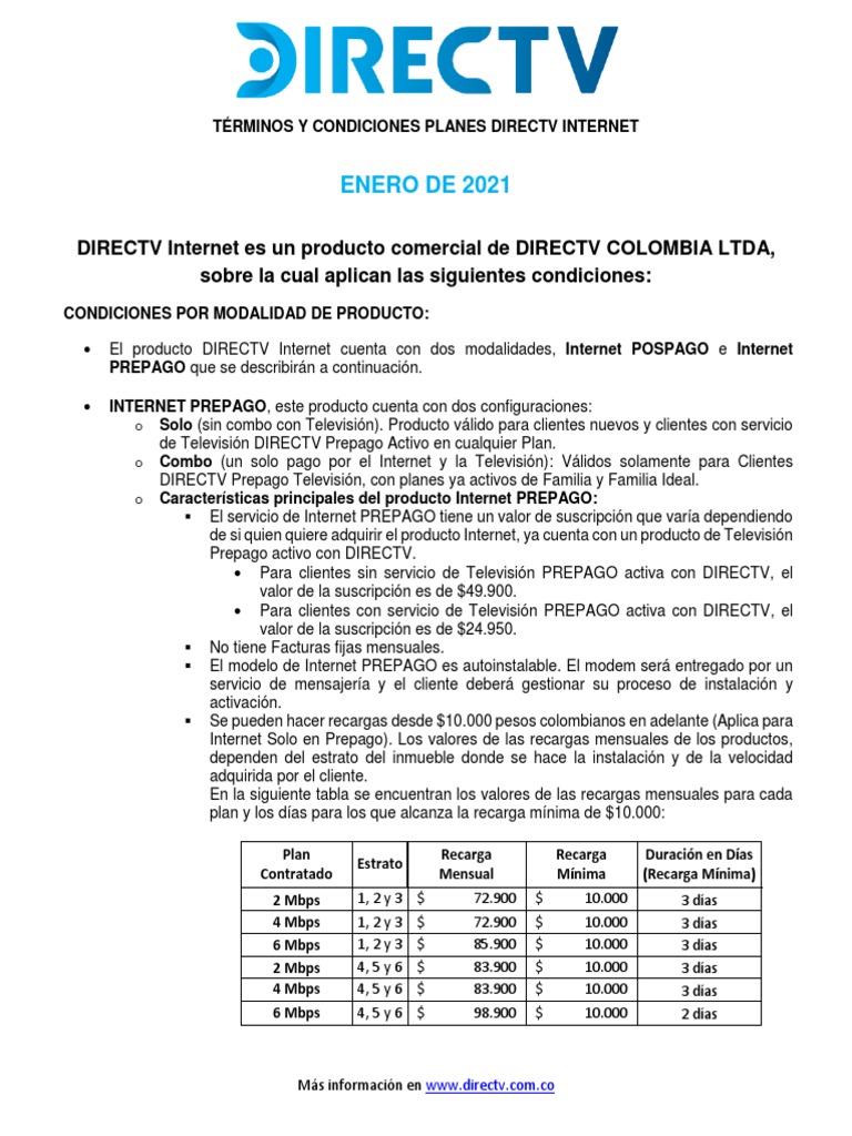 Planes y precios de Internet DIRECTV | PDF | Internet | Direc Tv