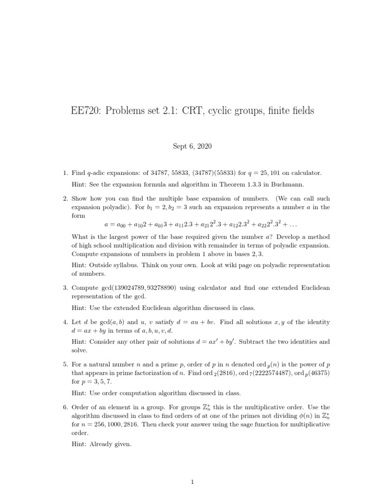 EE720: Problems Set 2.1: CRT, Cyclic Groups, Finite Fields: Sept 6, 2020 | PDF | Group ...