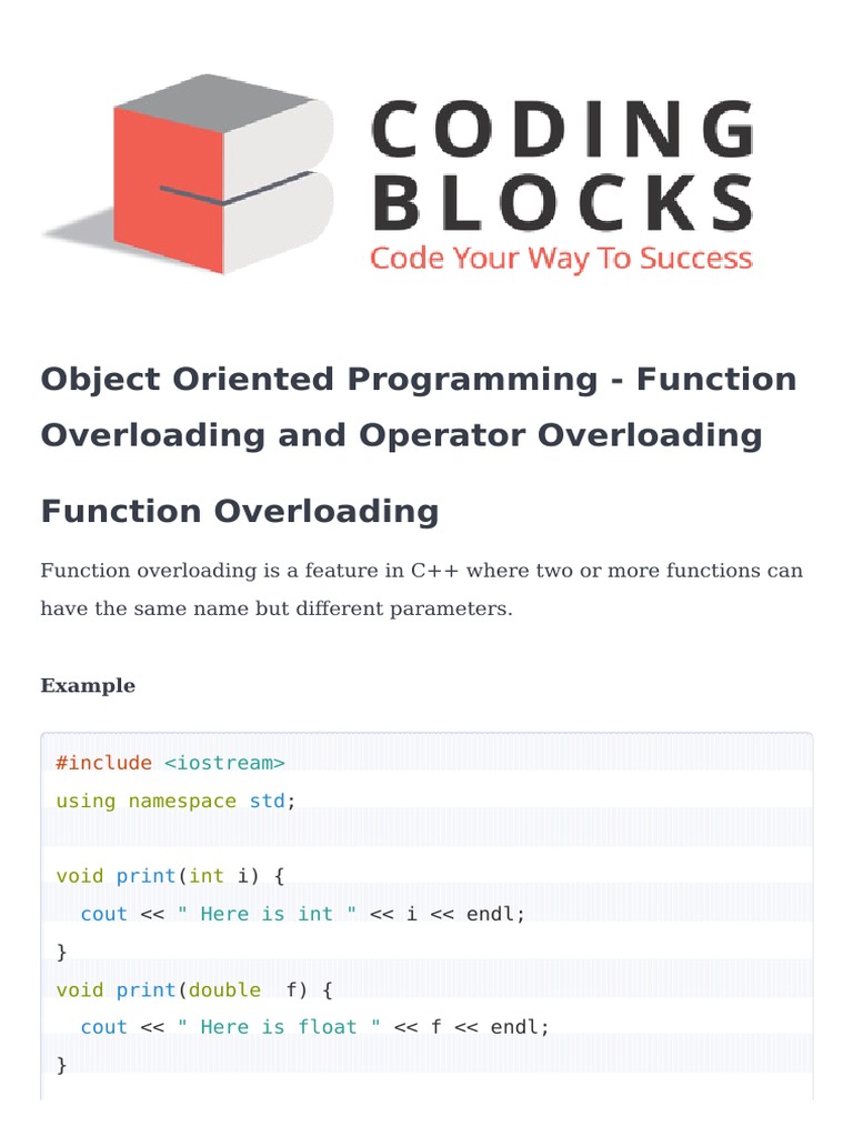 Object Oriented Programming Function Overloading And Operator Overloading Function Overloading