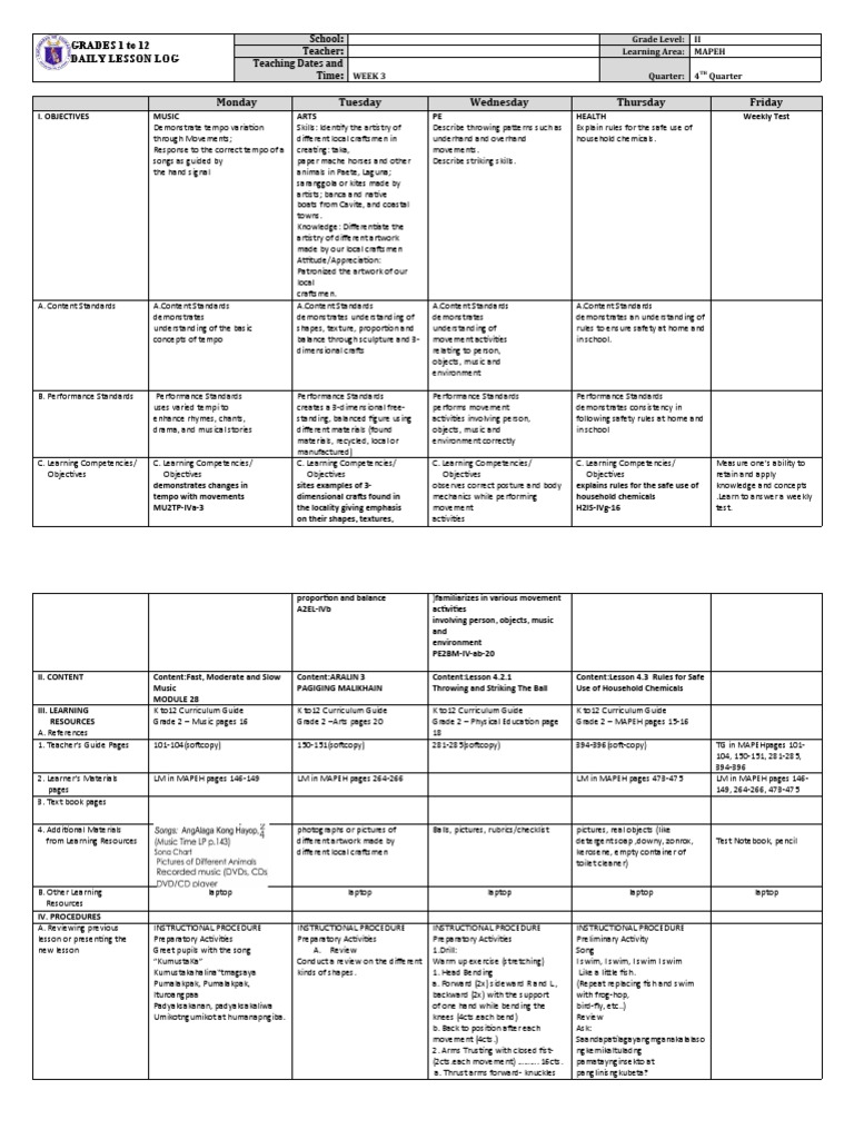 Grade 2 DLL MAPEH 2 Q4 Week 3 | PDF | Curriculum | Learning