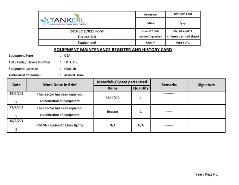 Equipment Maintenance Register and History Card: ISO/IEC 17025 Form ...