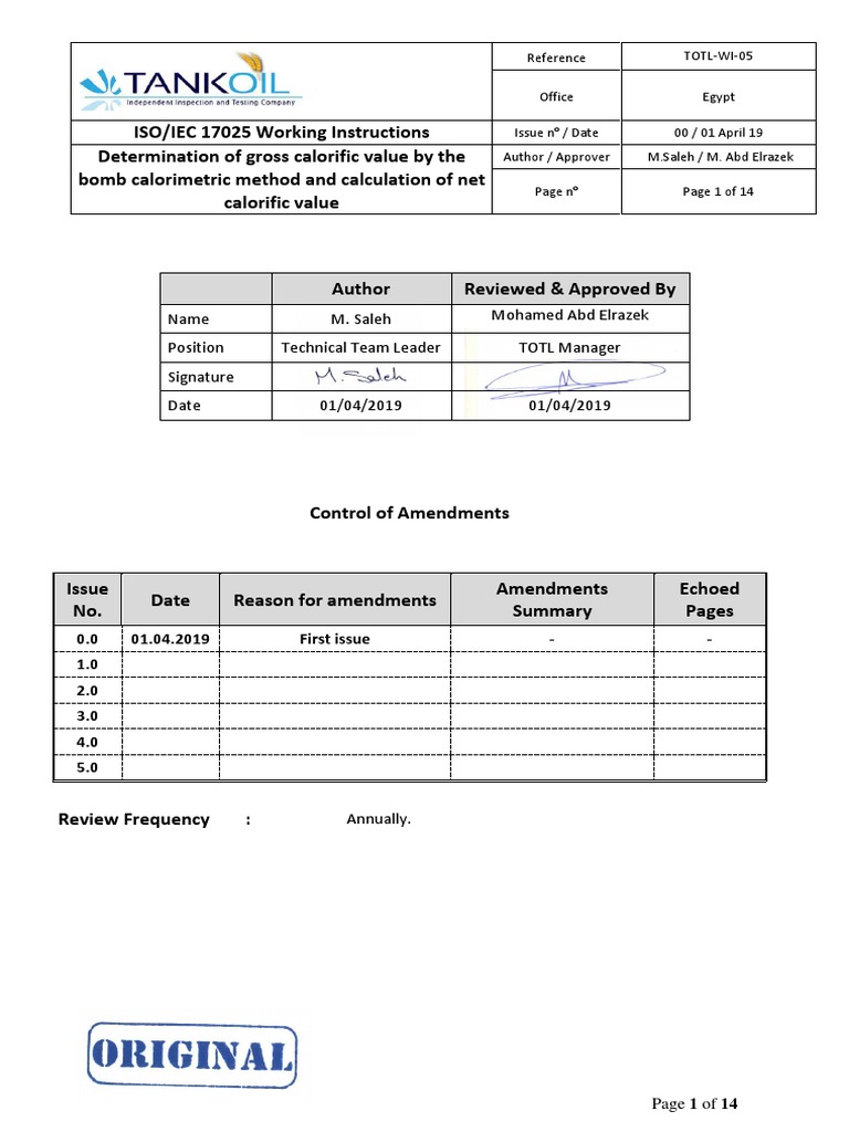 (TOTL-WI-05) Determination of Gross Calorific Value by The Bomb ...