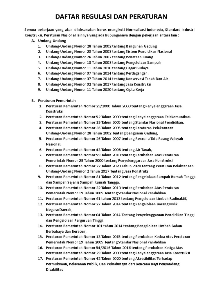 Daftar Regulasi Dan Peraturan | PDF