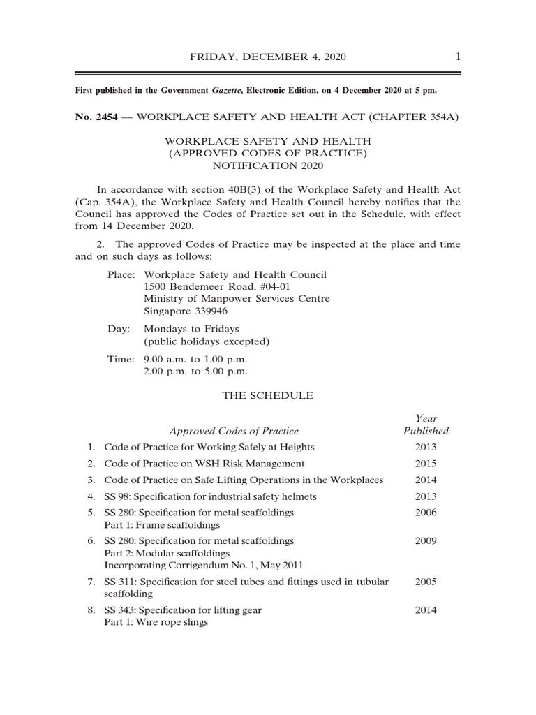 WSH Approved Codes of Practice Notification 2020 | PDF | Dangerous ...