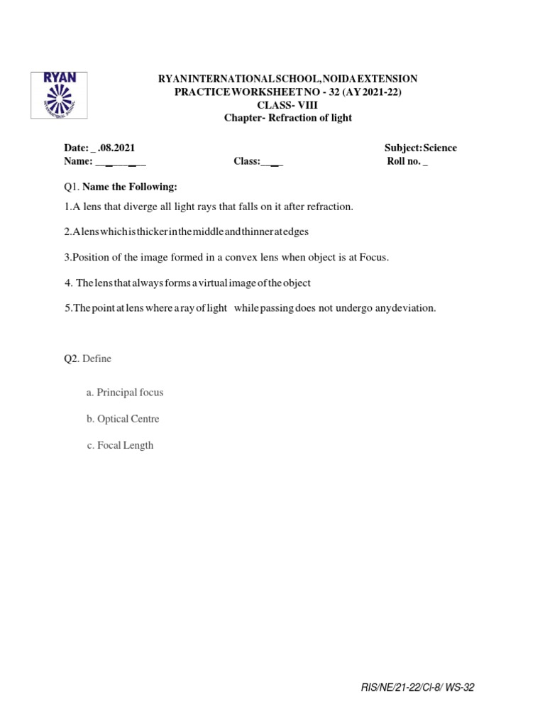 Reflection of Light Worksheet Class 8 | PDF